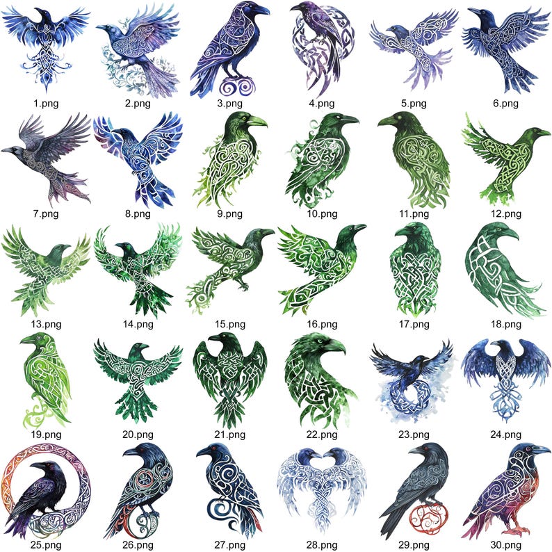 30 Celtic Raven Watercolor PNG Clipart Bundle, Celtic Inspired Raven ...
