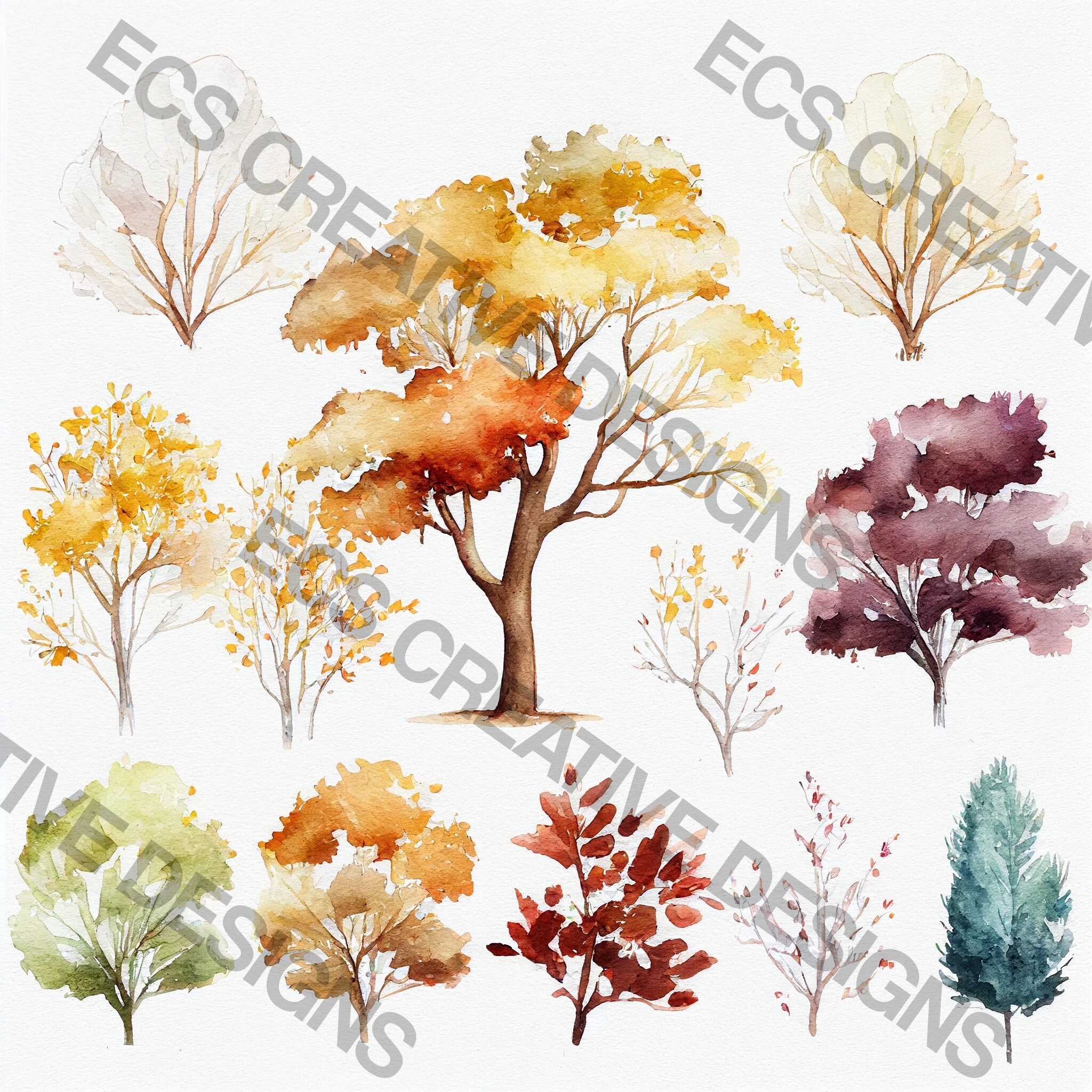Watercolor Autumn Trees Clipart PNG Bundle, for Commercial Use, 300DPI, Fall Clipart, Junk ...