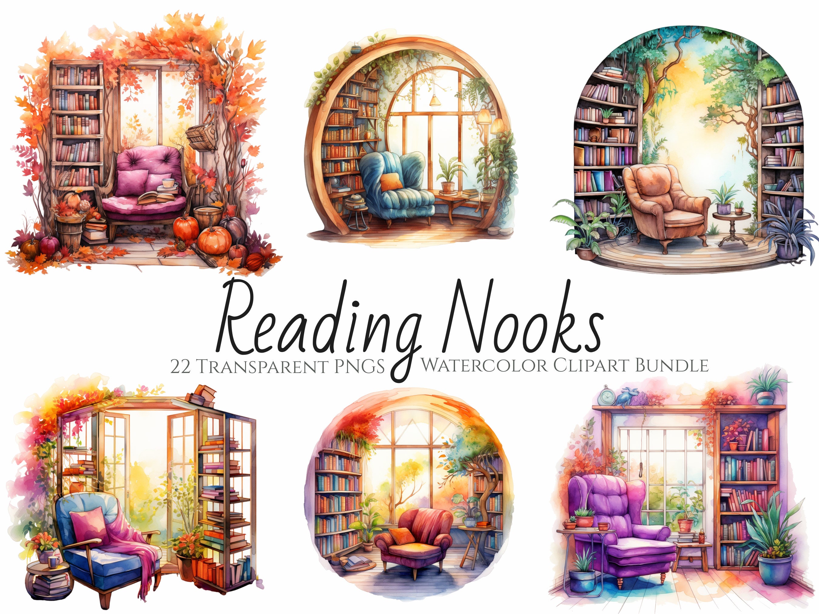 Watercolor Cosy Reading Nook Clipart Bundle, Instant Digital Download ...