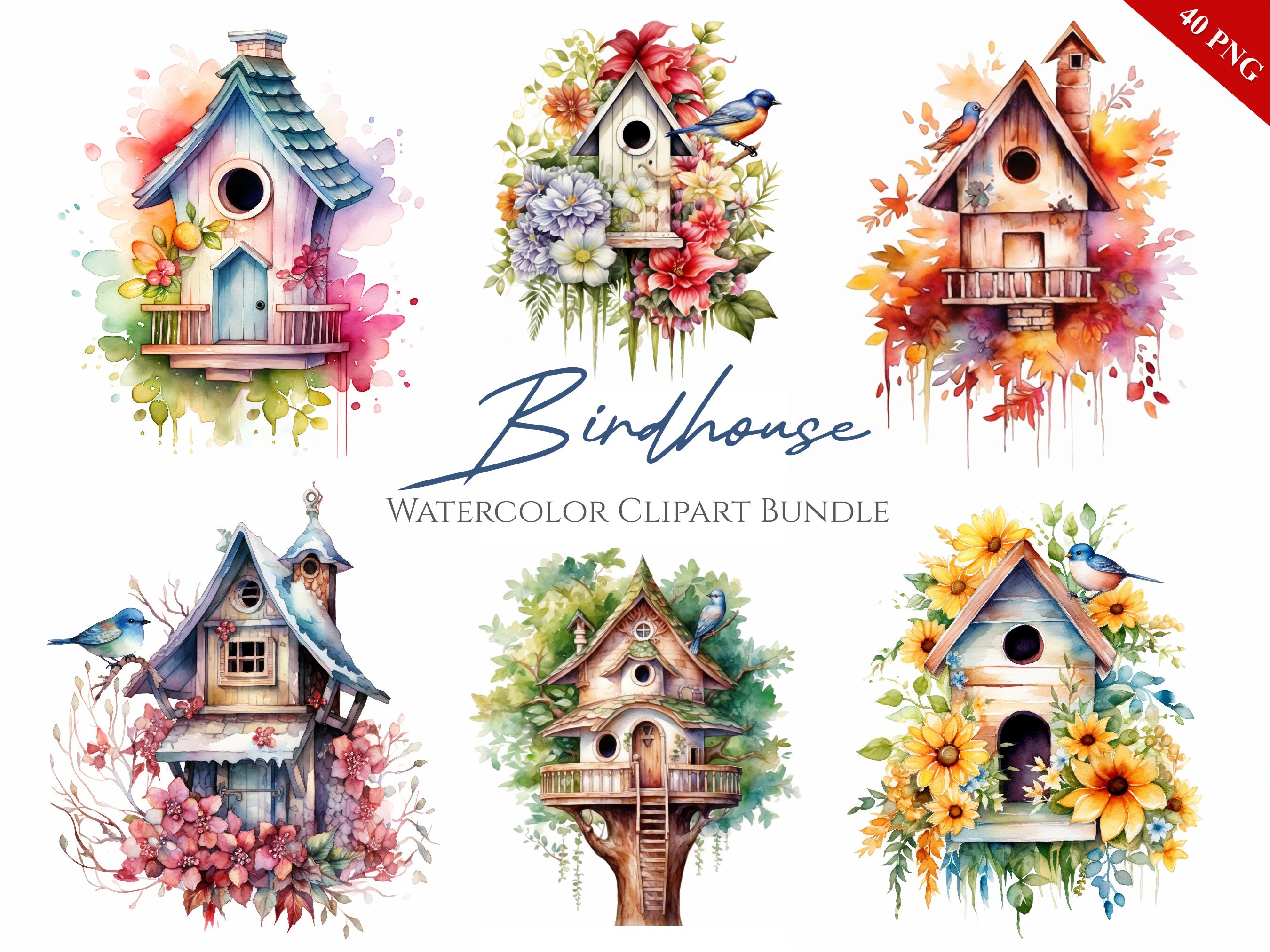 Watercolor Birdhouse Clipart Bundle, Instant Digital Download, 40 High ...