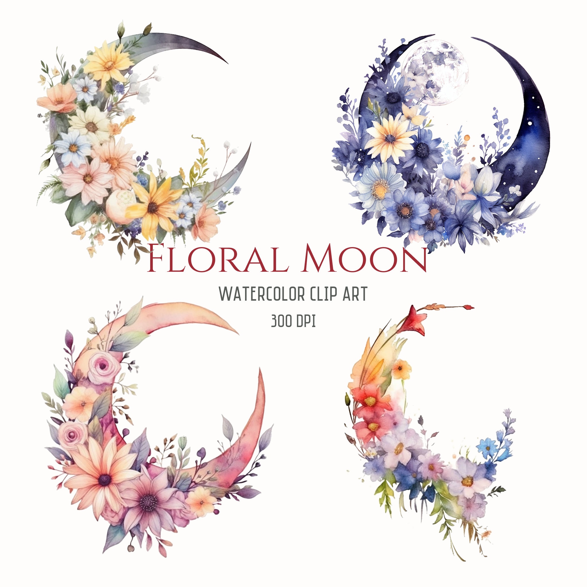 Floral Moon Watercolor Clipart Bundle, Commercial Use, Galaxy ...