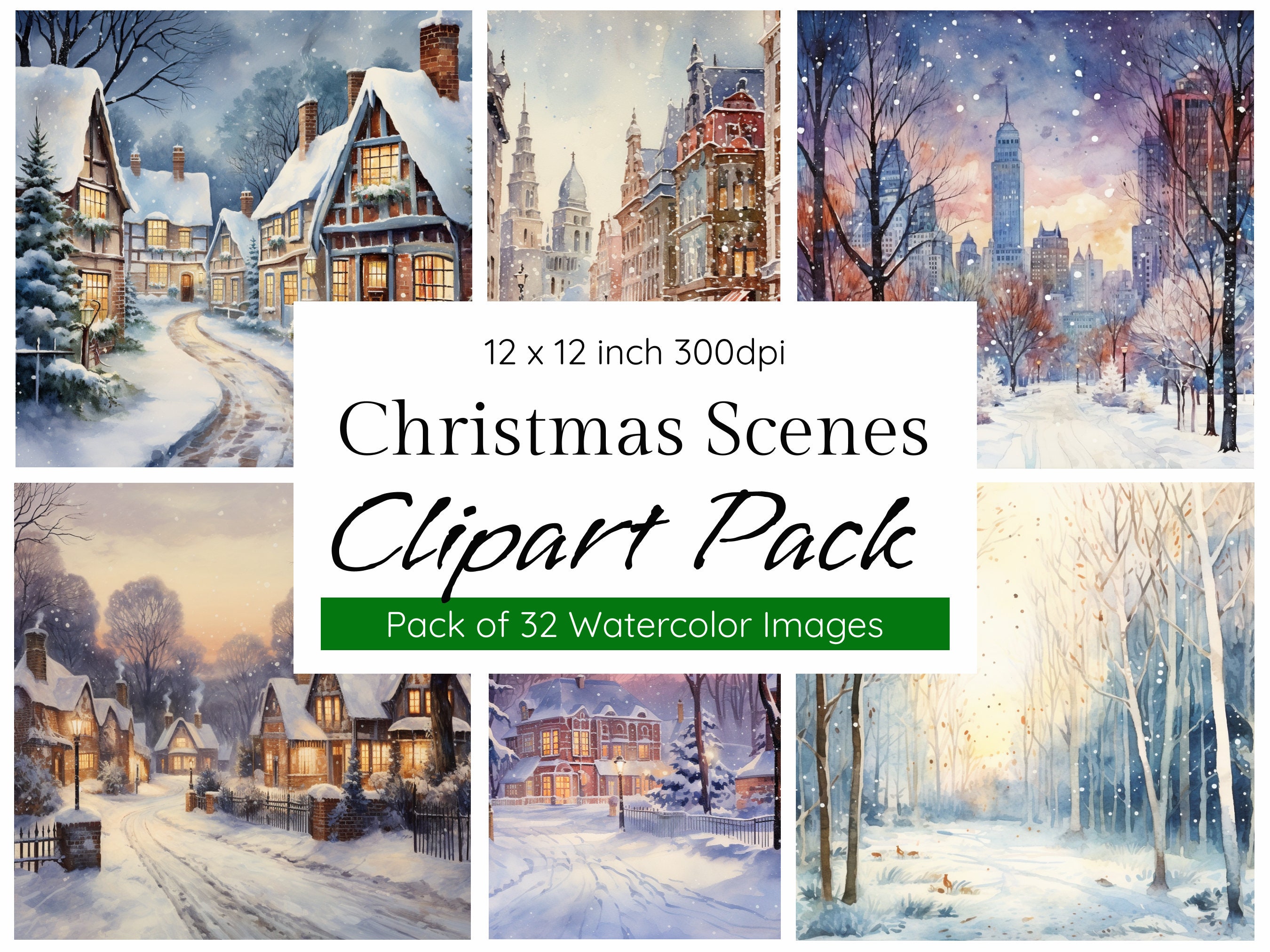 Watercolor Christmas Scenes Clipart Bundle, Instant Digital Download ...