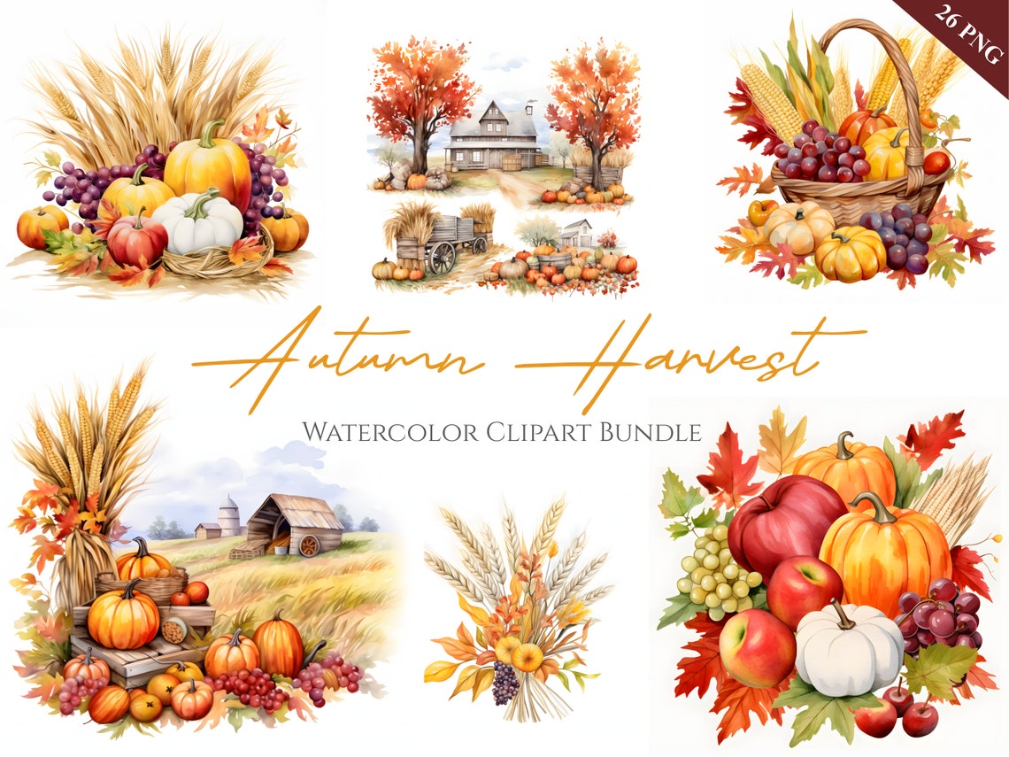 Watercolor Autumn Harvest Clipart Bundle of 26 PNG Files for Digital ...