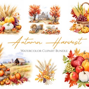 Watercolor Autumn Harvest Clipart Bundle of 26 PNG Files for Digital ...
