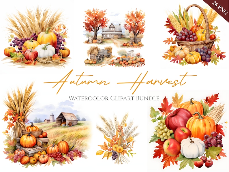Watercolor Autumn Harvest Clipart Bundle of 26 PNG Files for Digital ...