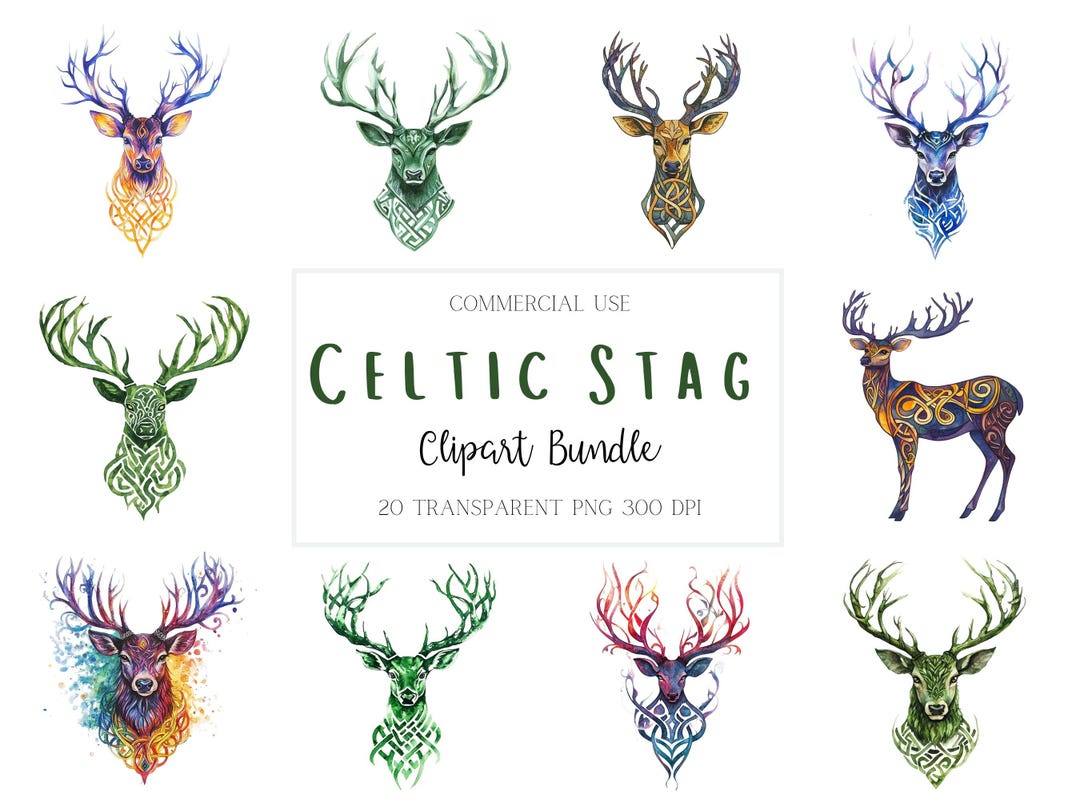 Celtic stag Watercolor Clipart Bundle (20 pngs) • Deer & Tribal Tattoo ...