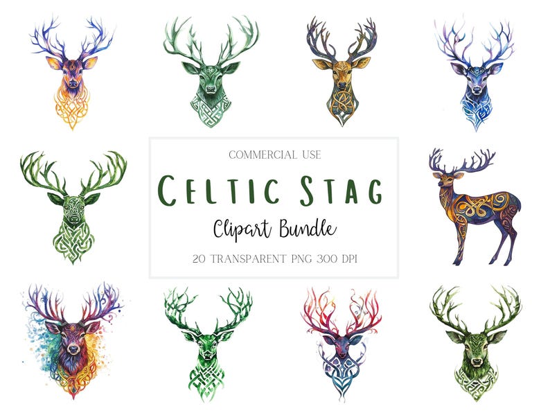 20 Celtic Stag Watercolor PNG Clipart Bundle, Celtic Inspired Deer ...