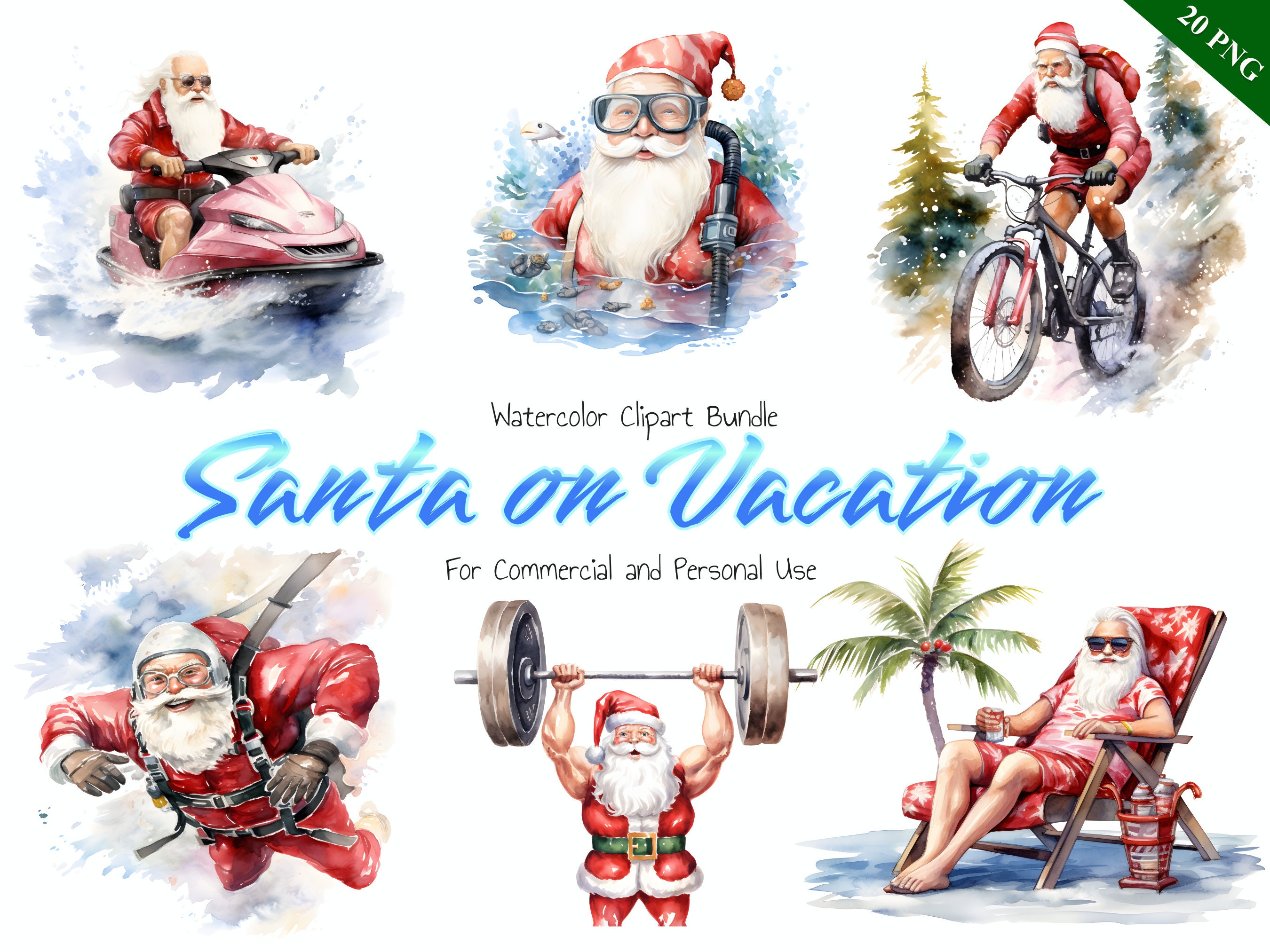 Santa Claus Vacation Clipart PNG Bundle, Digital Download for ...
