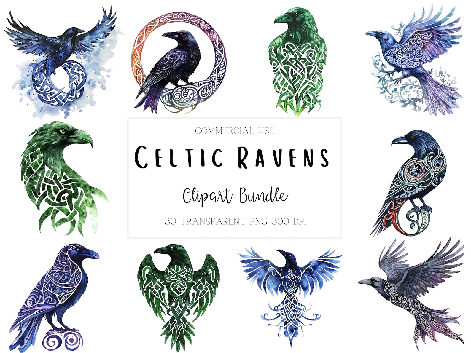 30 Celtic Raven Watercolor PNG Clipart Bundle, Celtic Inspired Raven ...