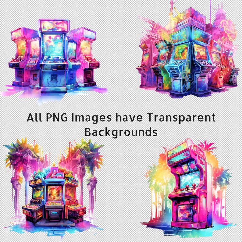 Retro 80s Arcade Machine Clipart Bundle, Watercolor, Retro Gaming ...