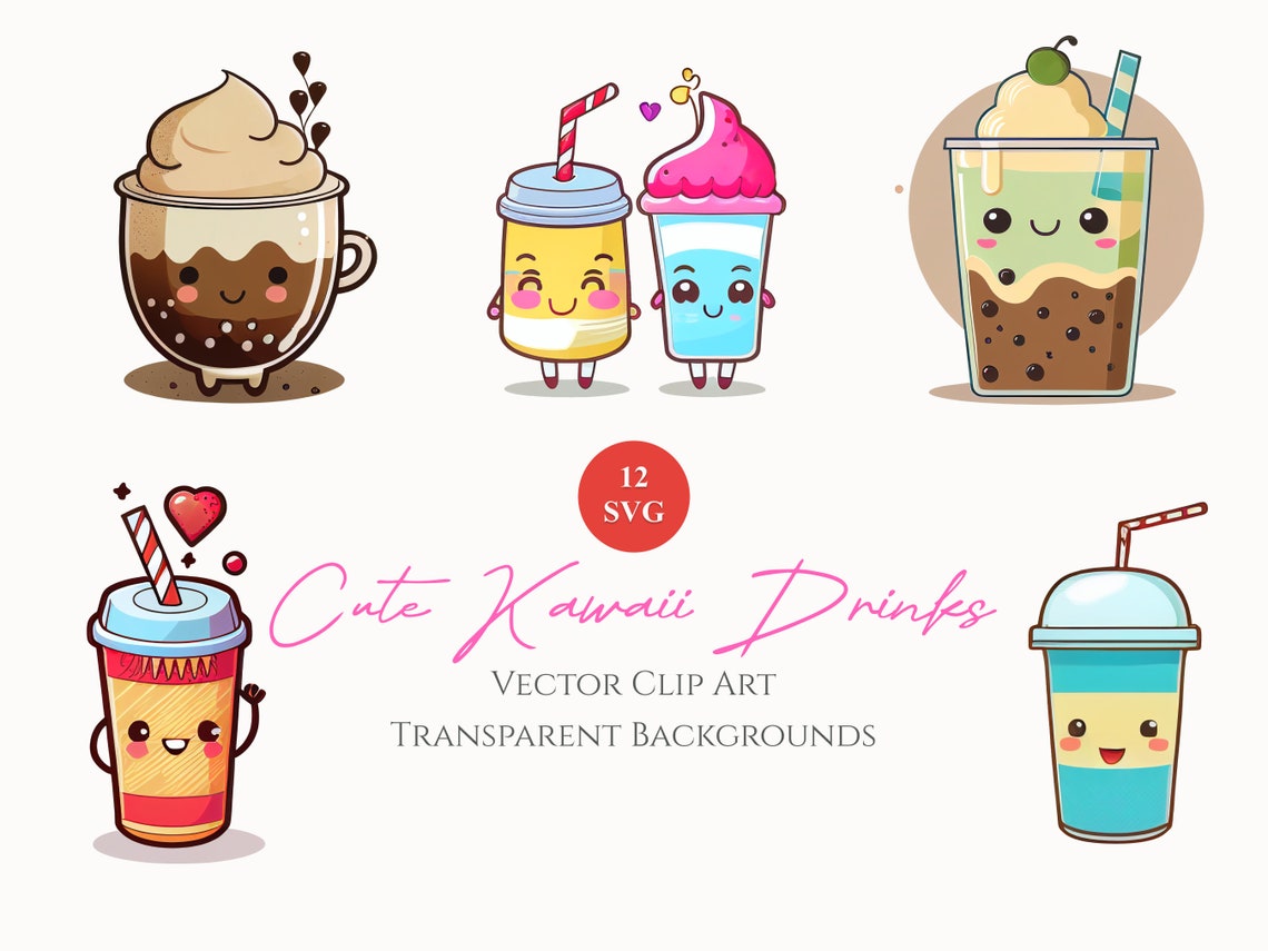 Cute Kawaii Drinks Clipart Set, Digital Download, Printable SVG & PNG ...