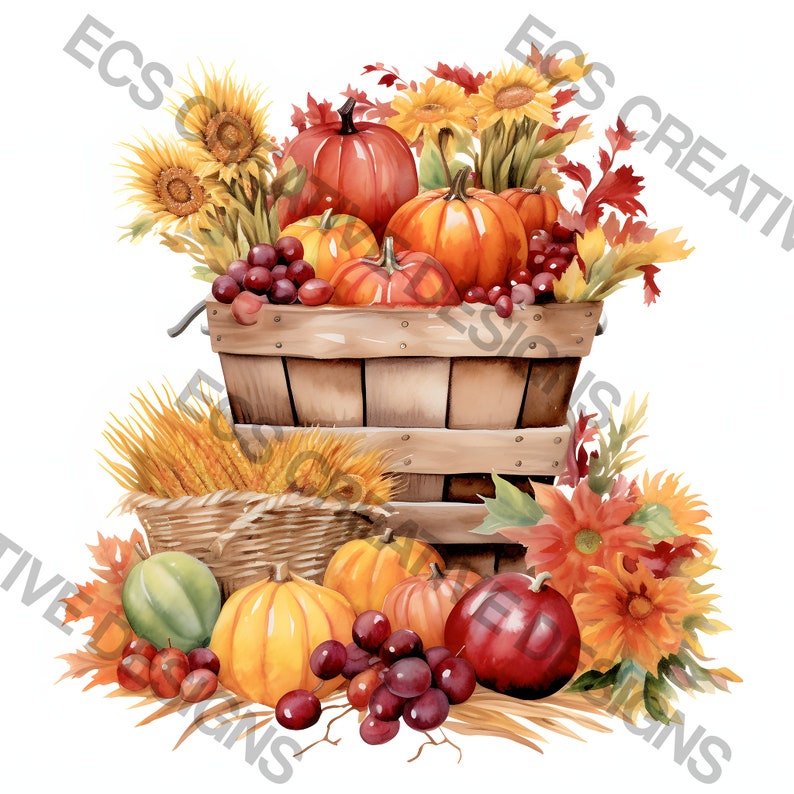 Watercolor Autumn Harvest Clipart Bundle of 26 PNG Files for Digital ...
