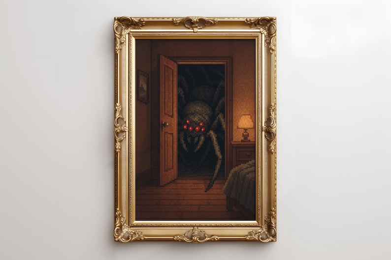 Pixel Horror Wall Art – Giant Spider Creeping Into Bedroom, Retro ...