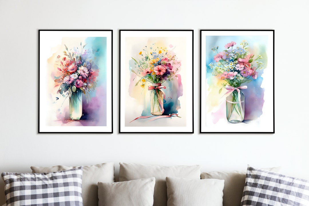 Watercolor Flower Bouquet Set of 3 Prints, Bundle, Floral Printable ...