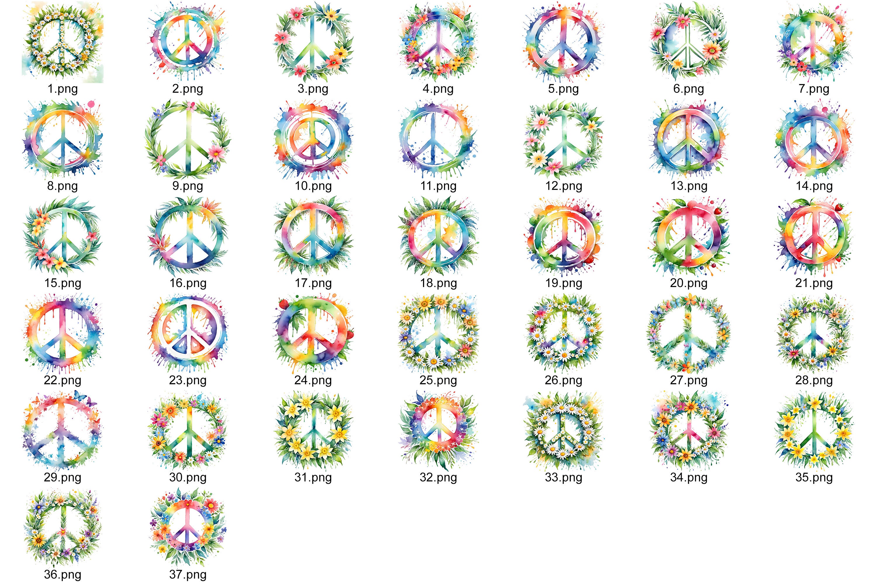 Watercolor Peace Sign 37 PNG Clipart Bundle, Instant Digital Download ...