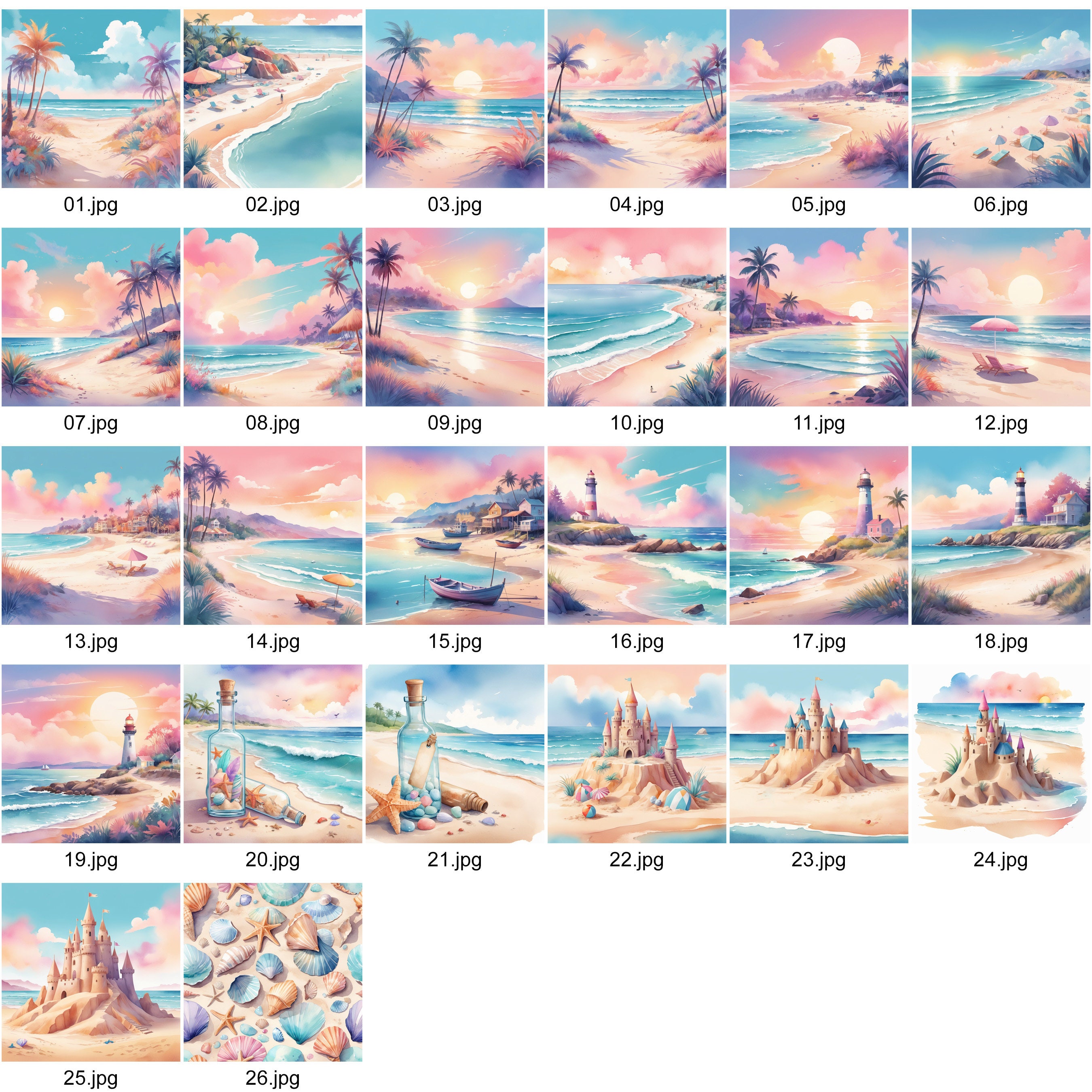 26 Pastel Beach Watercolor Clipart Bundle, Summer Backgrounds, 300dpi ...