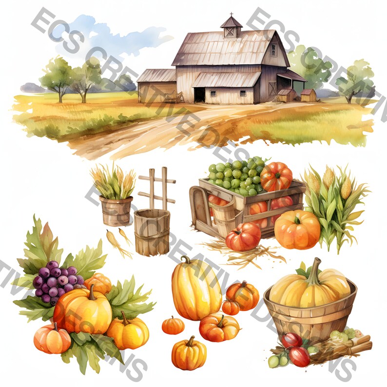 Watercolor Autumn Harvest Clipart Bundle of 26 PNG Files for Digital ...