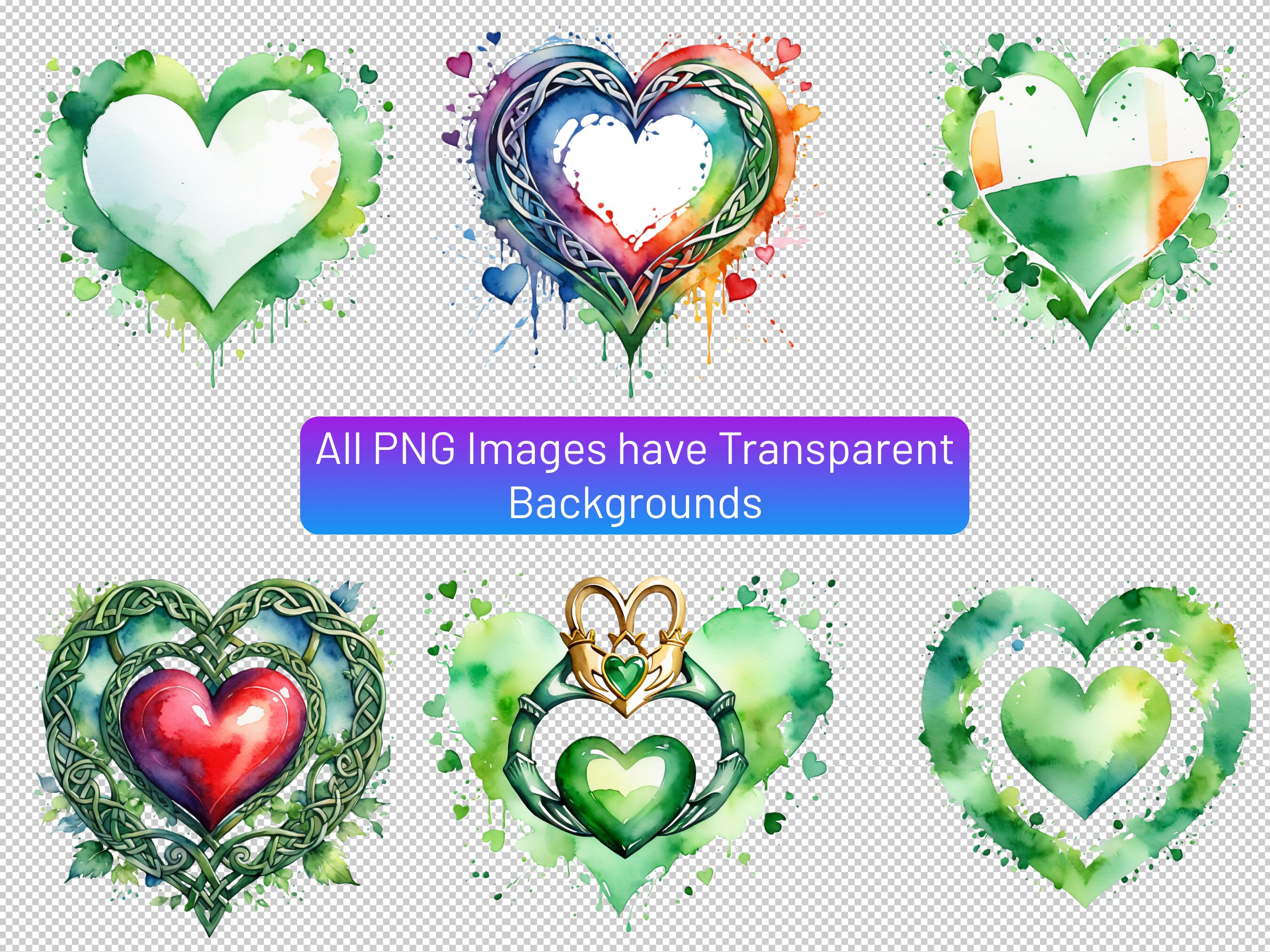 Irish Heart Watercolor Clipart Bundle, Instant Digital Download, 33 ...