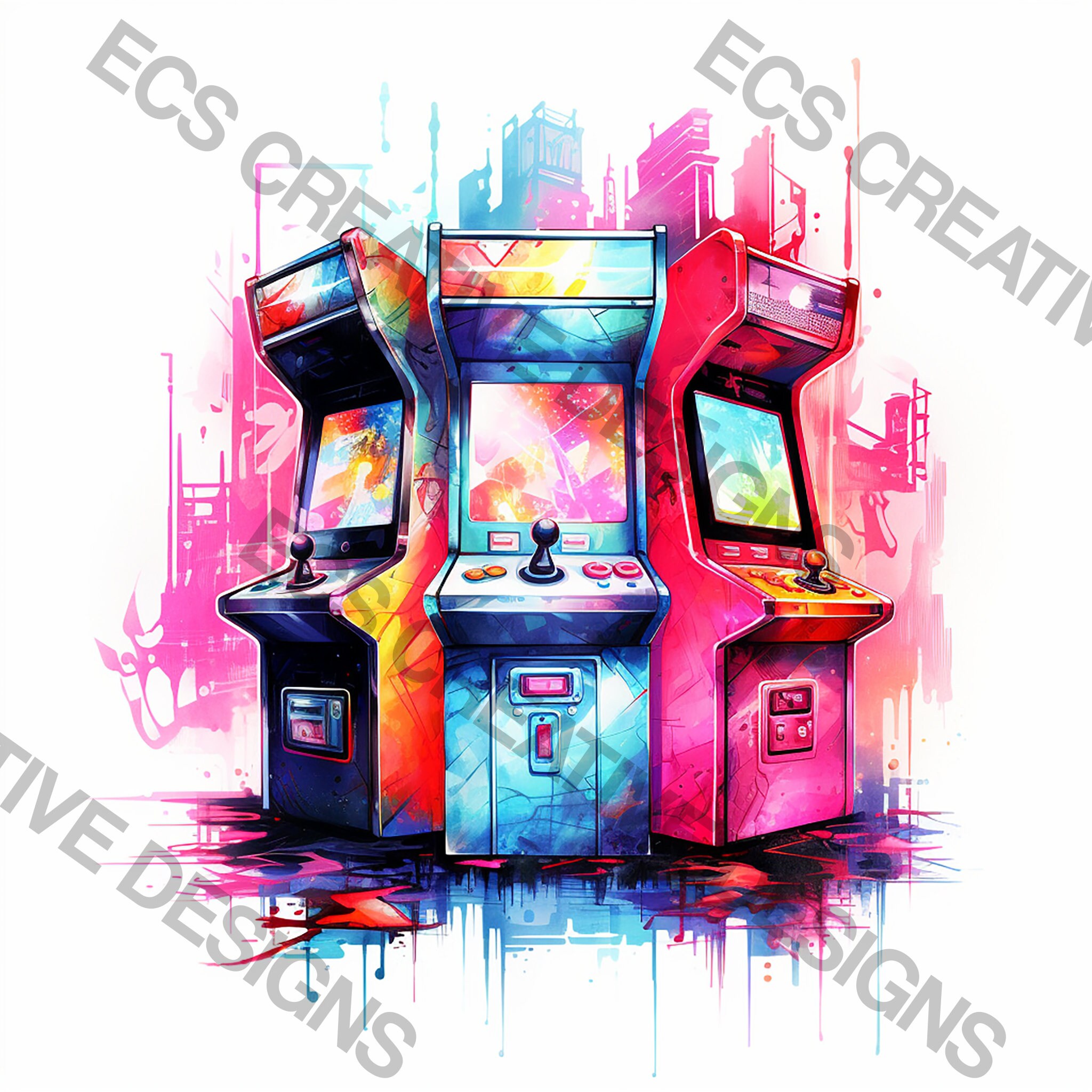 Retro 80s Arcade Machine Clipart Bundle, Watercolor, Retro Gaming ...