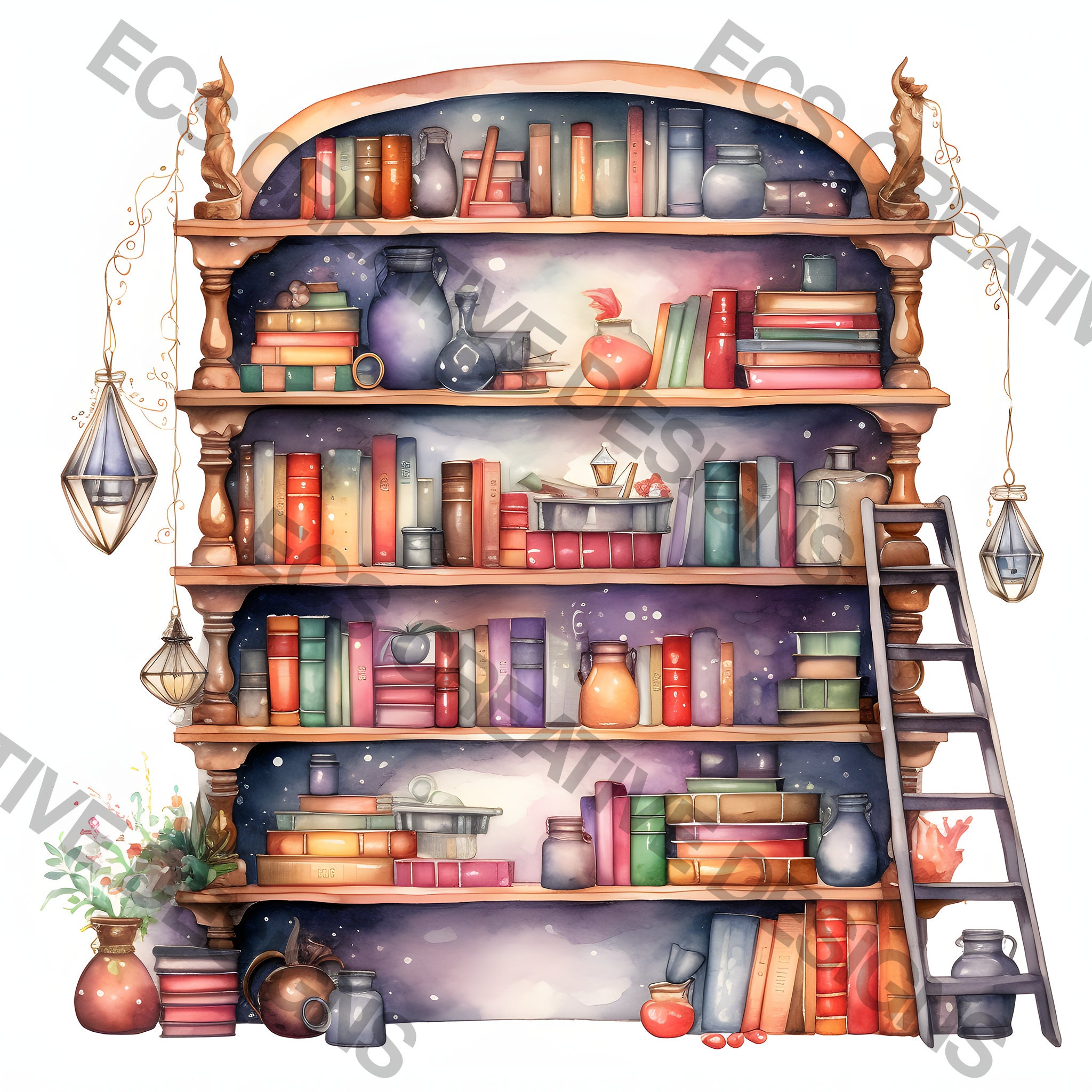 Watercolor Bookshelf Clipart Bundle, Instant Digital Download, 19 High ...