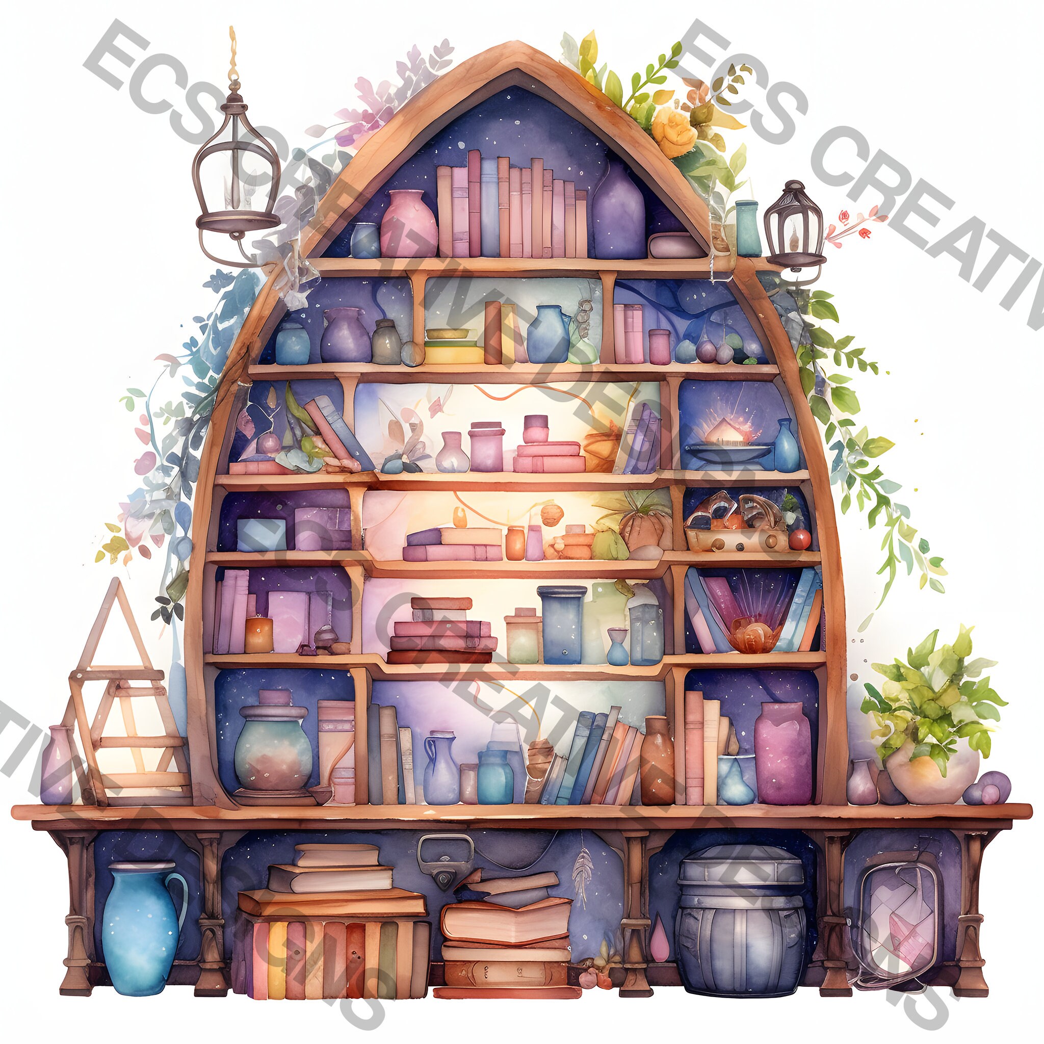 Watercolor Bookshelf Clipart Bundle, Instant Digital Download, 19 High ...