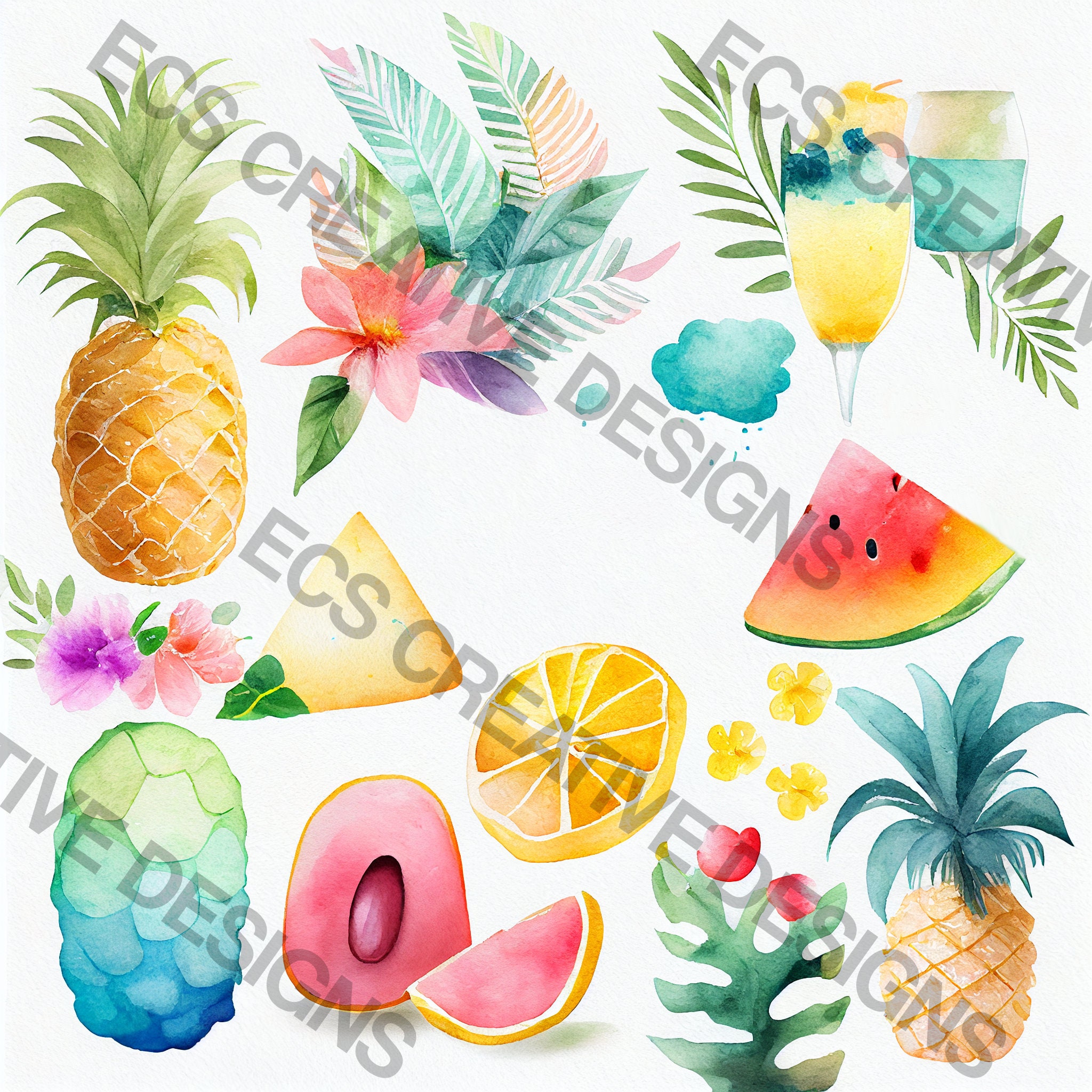 Tropical Summer Watercolor Clipart Bundle PNG Instant - Etsy