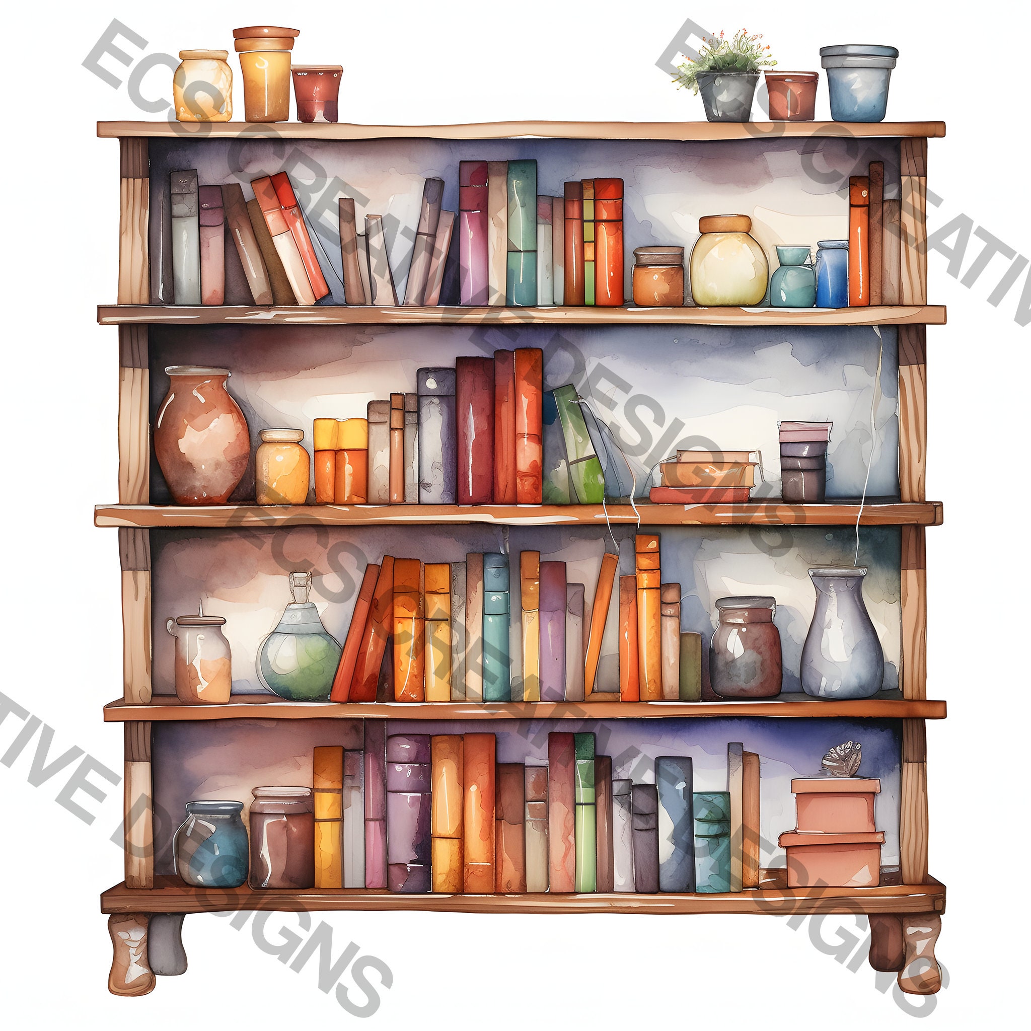 Watercolor Bookshelf Clipart Bundle, Instant Digital Download, 19 High ...