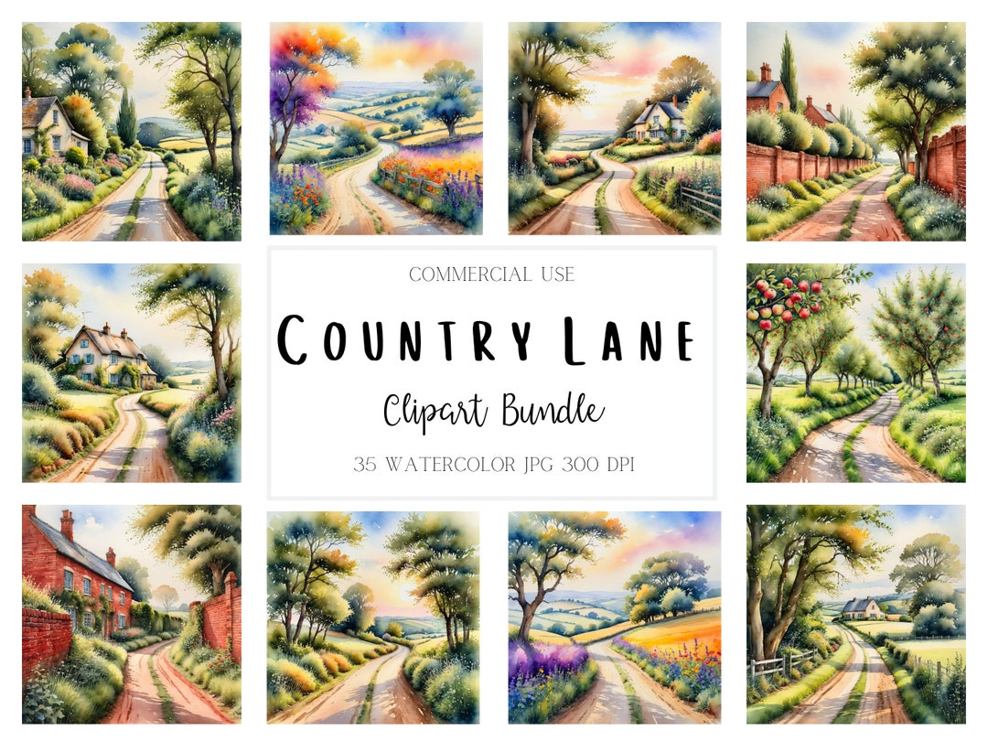 Country Lane Watercolor Clipart Bundle, 35 High Quality JPG, 300dpi ...