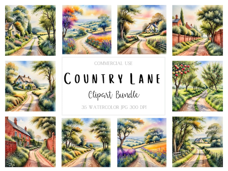 Country Lane Watercolor Clipart Bundle, 35 High Quality JPG, 300dpi ...