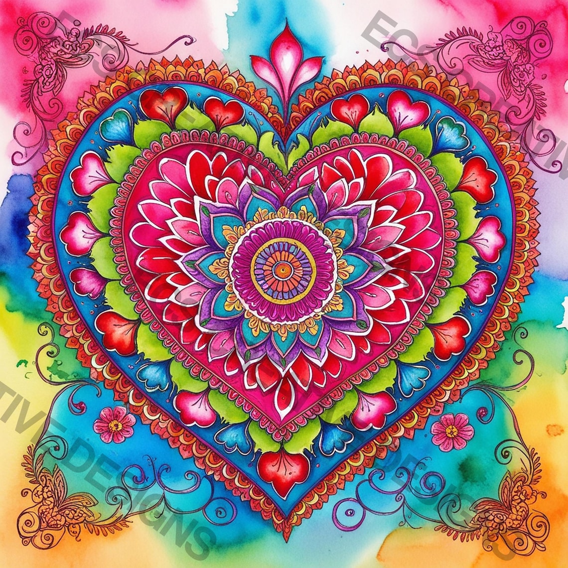32 Watercolor Heart Mandala Clipart Bundle, 300dpi PNG, Digital ...