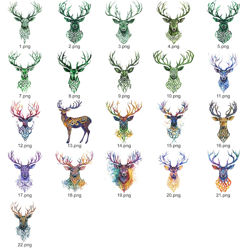 Celtic stag Watercolor Clipart Bundle (20 pngs) • Deer & Tribal Tattoo ...