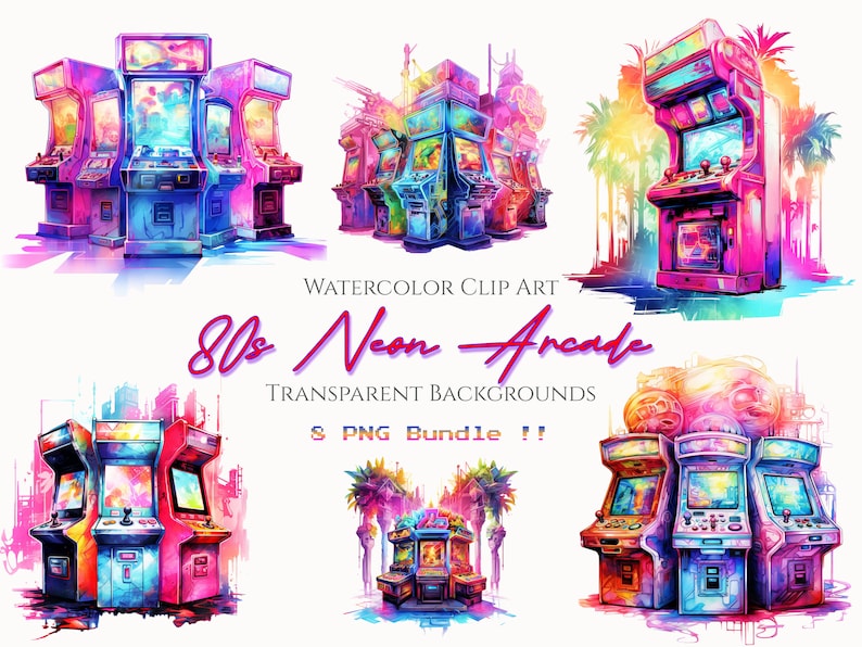 Retro 80s Arcade Machine Clipart Bundle, Watercolor, Retro Gaming ...
