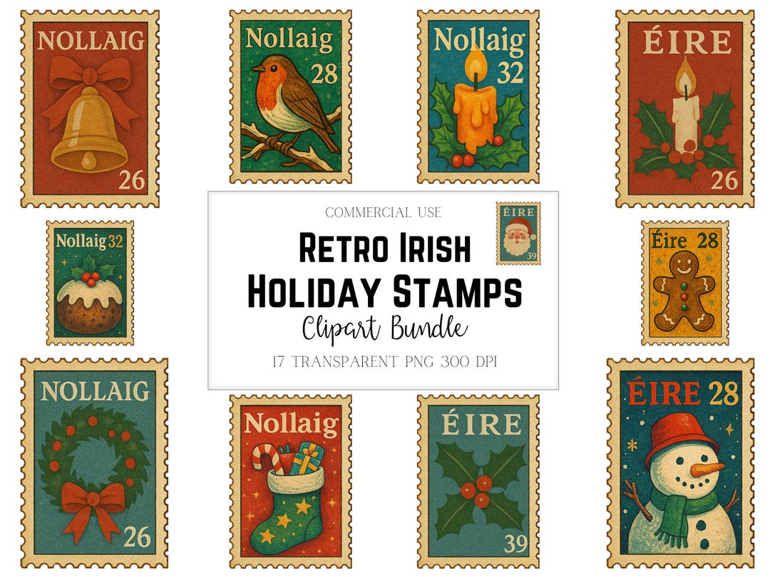17 Retro Irish Stamp Clipart Bundle | Vintage Postage PNG Digital ...