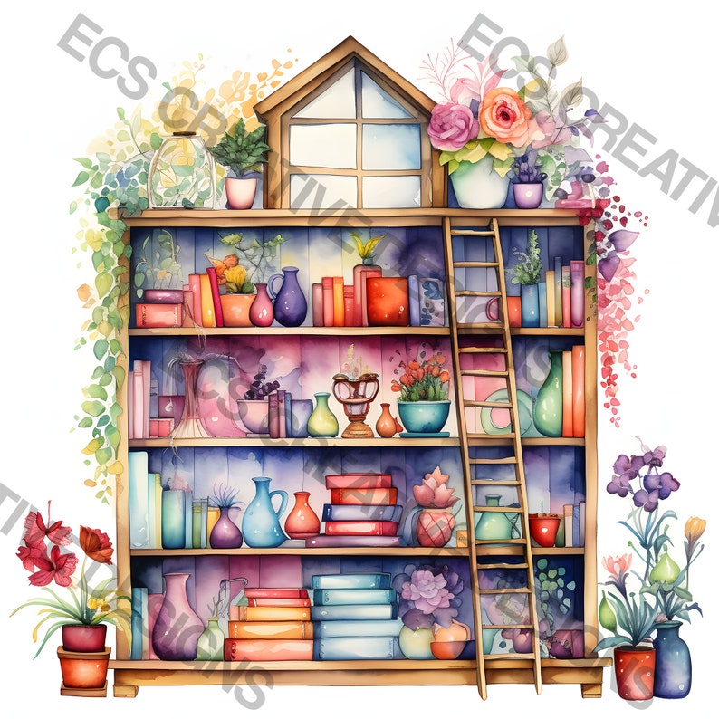 Watercolor Bookshelf Clipart Bundle, Instant Digital Download, 19 High ...