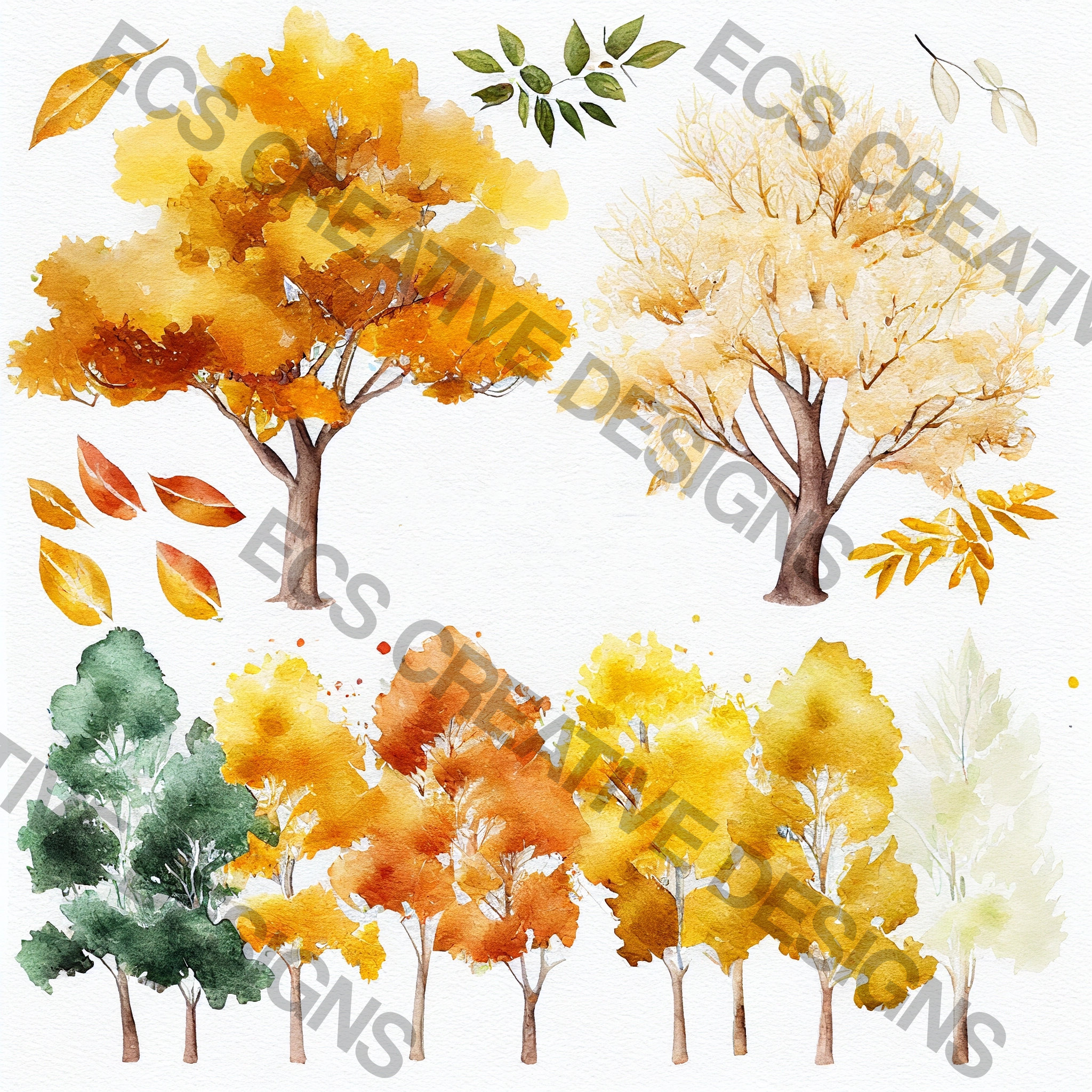 Watercolor Autumn Trees Clipart PNG Bundle, for Commercial Use, 300DPI ...