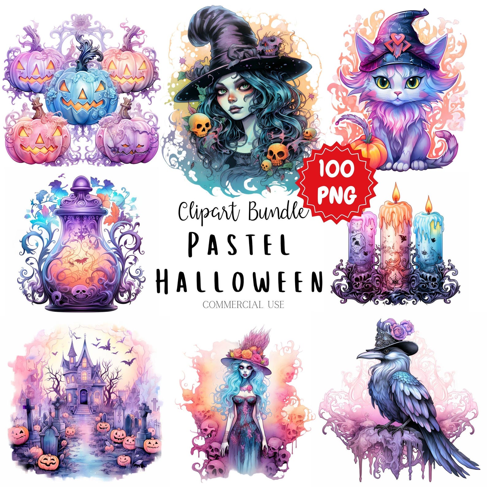100 Pastel Halloween Cute Clipart Bundle, Transparent Spooky Halloween ...