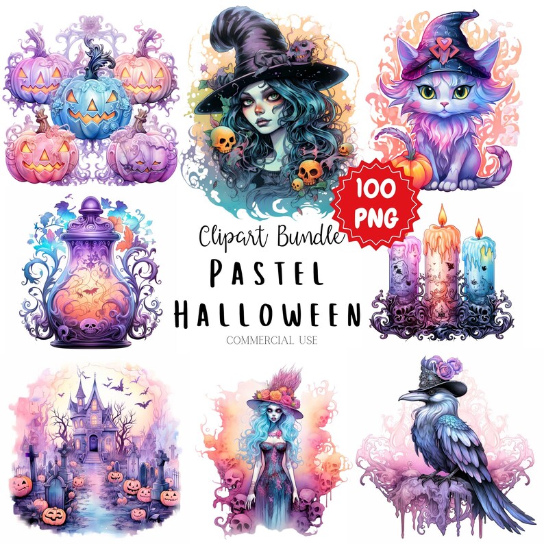 100 Pastel Halloween Cute Clipart Bundle, Transparent Spooky Halloween ...