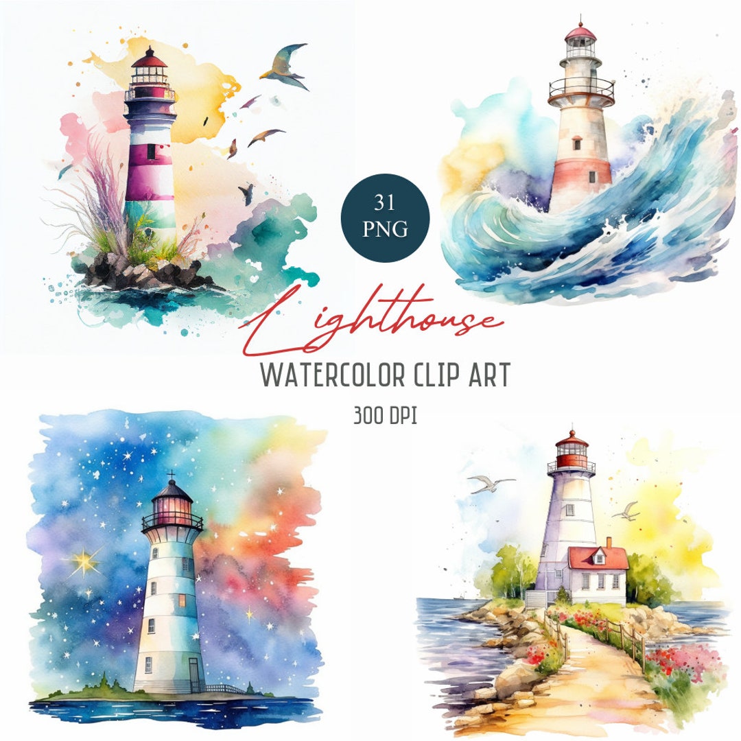 Watercolor Lighthouse Clipart PNG Bundle, for Commercial Use, 300DPI ...