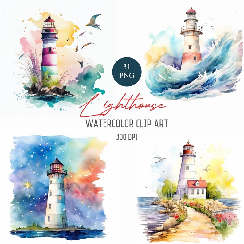 Watercolor Lighthouse Clipart PNG Bundle, for Commercial Use, 300DPI ...