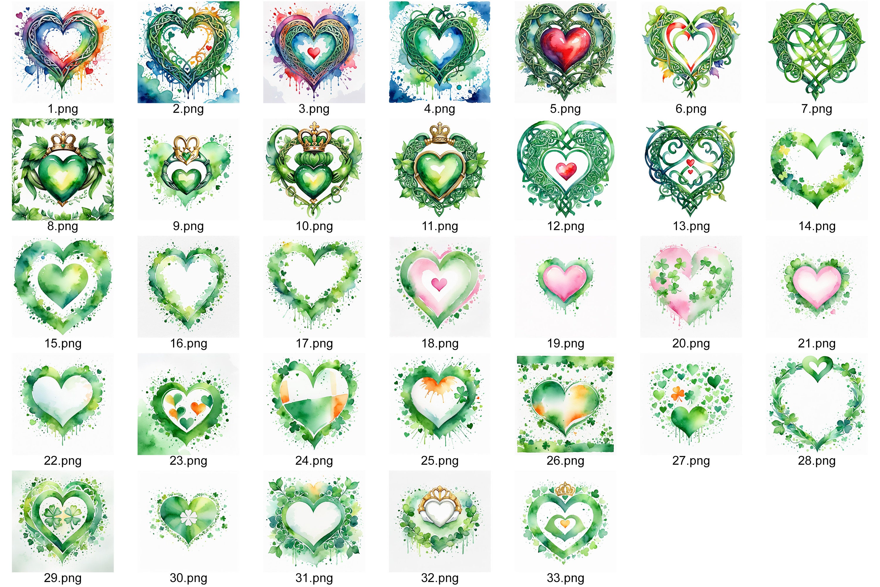 Irish Heart Watercolor Clipart Bundle, Instant Digital Download, 33 ...