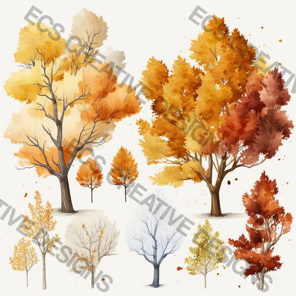 Watercolor Autumn Trees Clipart PNG Bundle, for Commercial Use, 300DPI, Fall Clipart, Junk ...