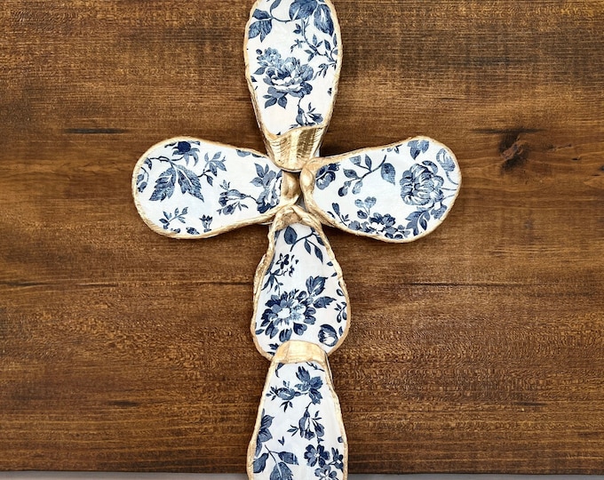 Oyster Shell Cross for Home Blue and White Floral Oyster Shell Wall Art ...