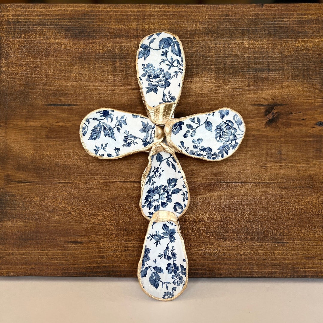 Oyster Shell Cross for Home Blue and White Floral Oyster Shell Wall Art ...