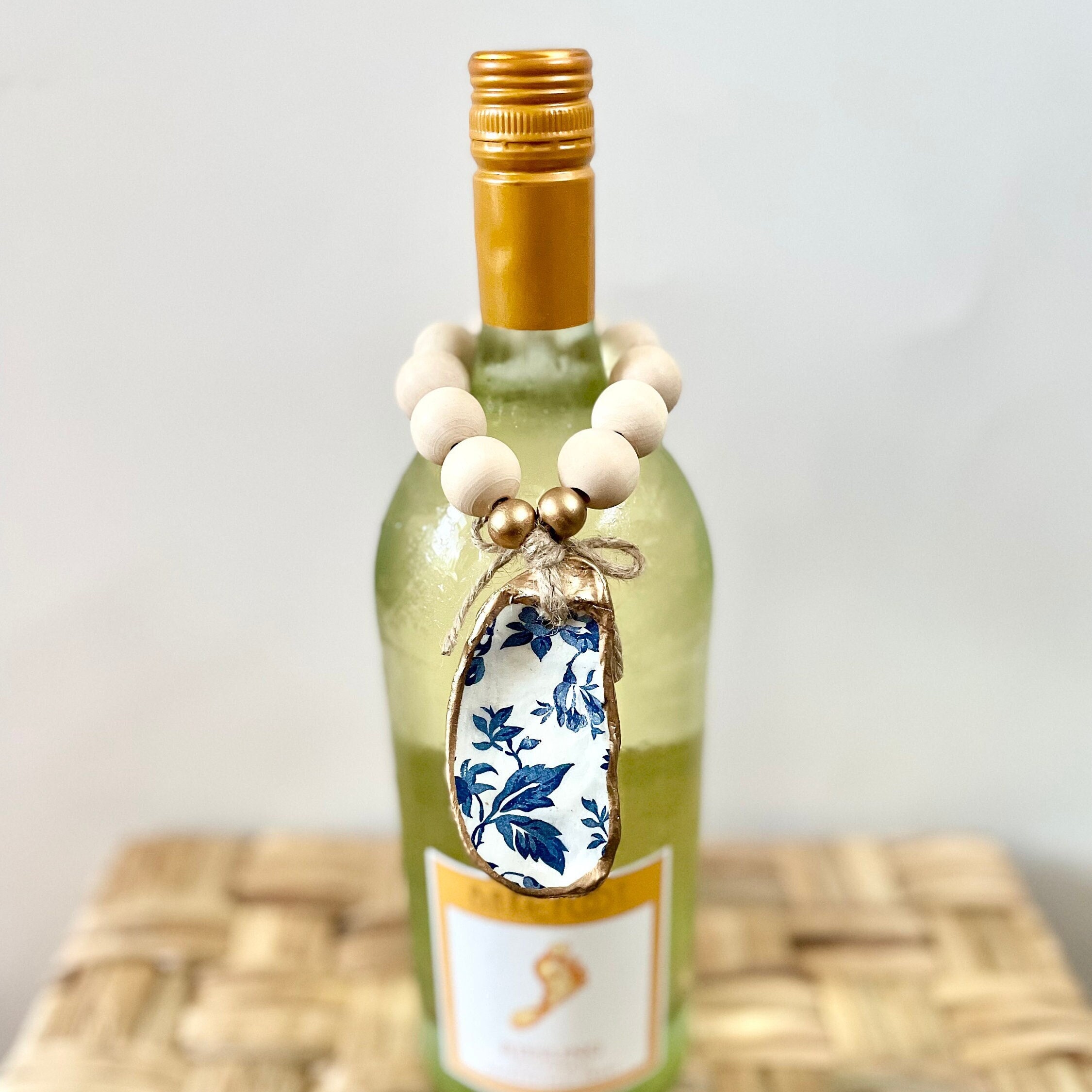 Oyster Shell Wine Bottle Charm for Beach House Decor Blue and White ...