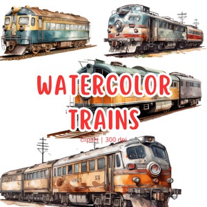 Watercolor Trains Clipart, Locomotive, Paint, PNG, Clip Art, Bundle ...