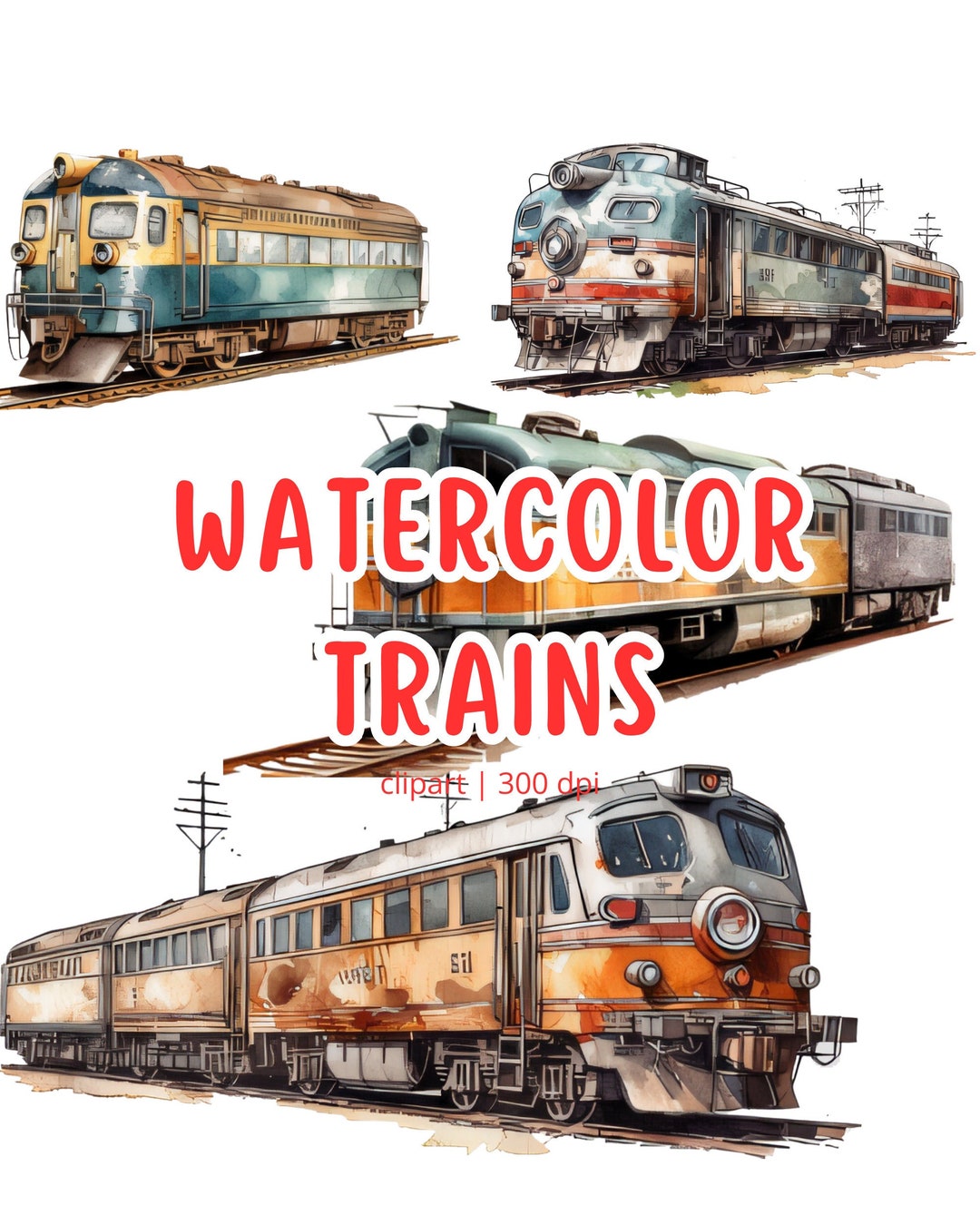 Watercolor Trains Clipart, Locomotive, Paint, PNG, Clip Art, Bundle ...