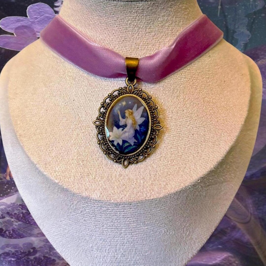 Fairy Cameo Choker – Purple Velvet Ribbon Necklace – Vintage Style ...