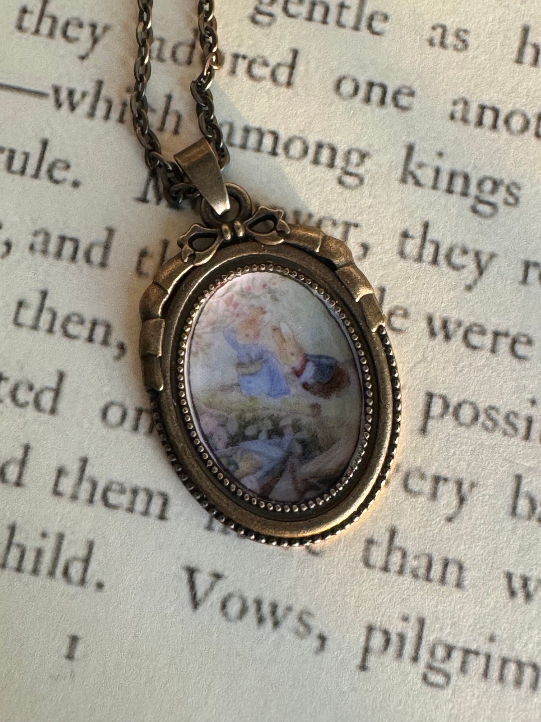 Vintage Style Rabbits Fairytale Jewelry , Epoxy Bronze Heart Pedant ...