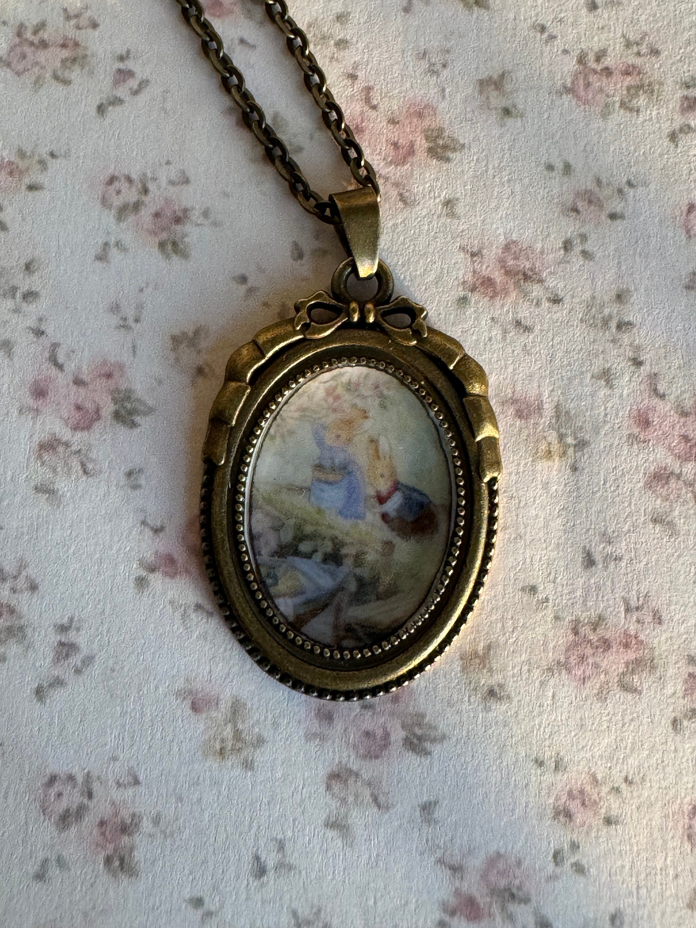 Vintage Style Rabbits Fairytale Jewelry , Epoxy Bronze Heart Pedant ...