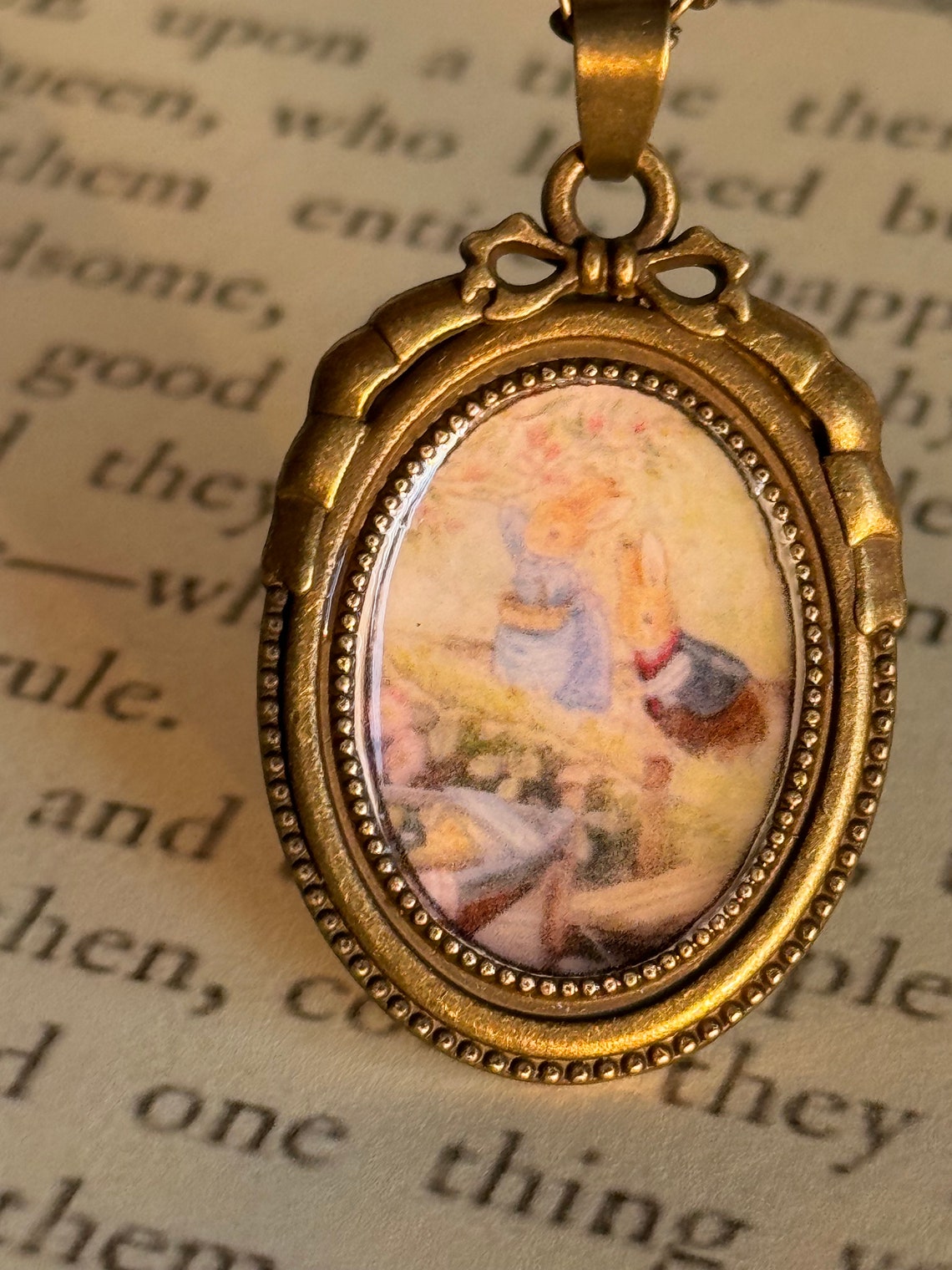 Vintage Style Rabbits Fairytale Jewelry , Epoxy Bronze Heart Pedant ...